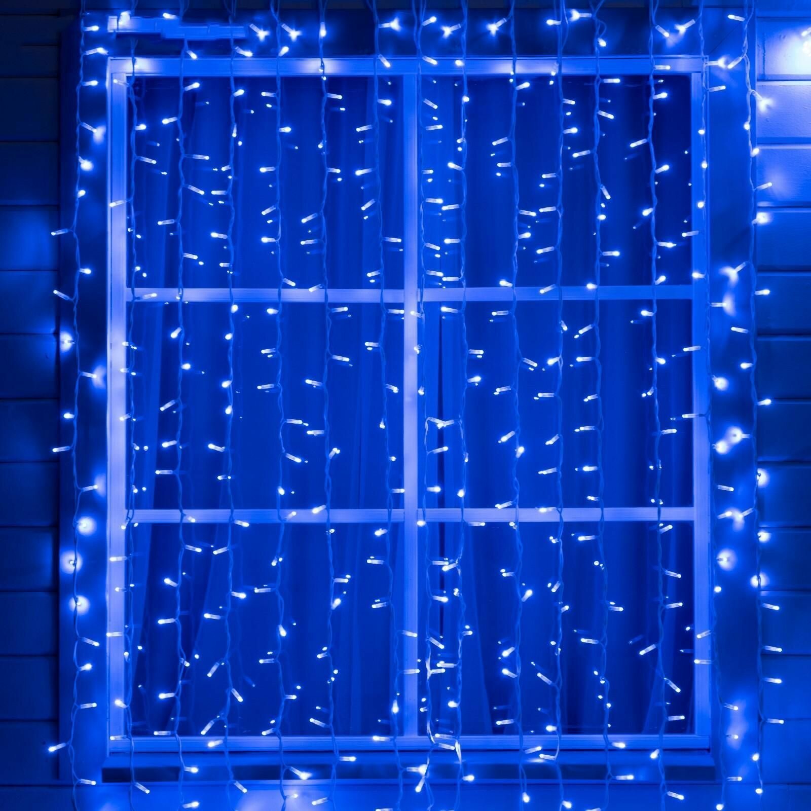 Гирлянда уличная Занавес, светодиодная электрогирлянда штора на окна и фасад, праздничный декор украшение для дома и улицы, белая нить каучук, 600 LED свечение синее