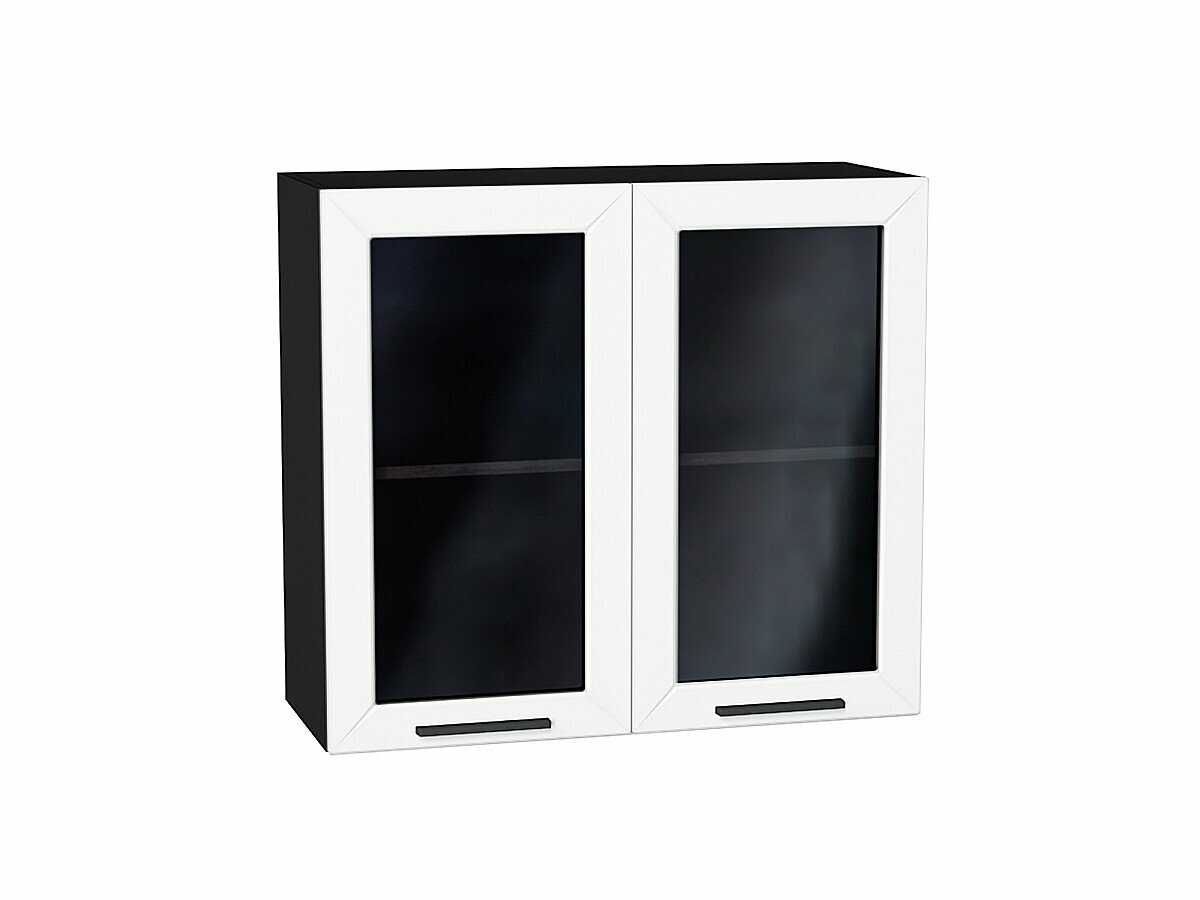 Шкаф верхний с 2-мя остекленными дверцами Глетчер, цвет фасада Айленд Силк, цвет каркаса Graphite, стекло Lacobel «Black», 716*800*318 мм