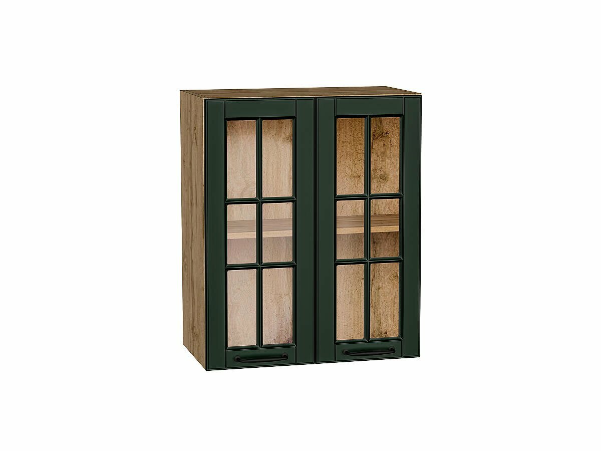 Шкаф верхний с 2-мя остекленными дверцами Дублин, цвет фасада Special Green, цвет каркаса Дуб Вотан, стекло прозрачное, 716*600*318 мм