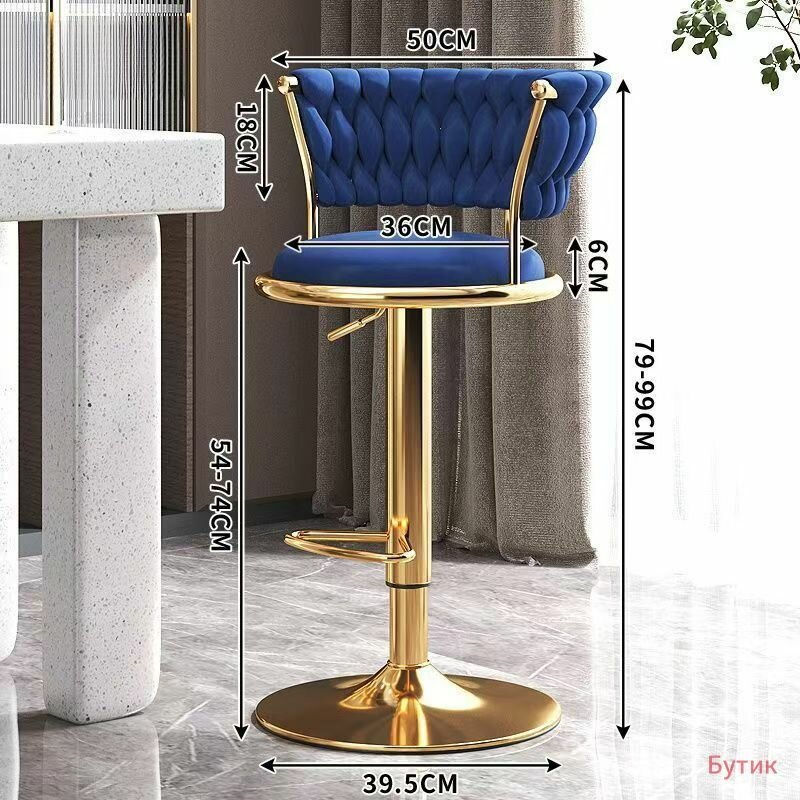 Барный стул дизайнерский, ампир, ар-деко, синий, велюр, металл