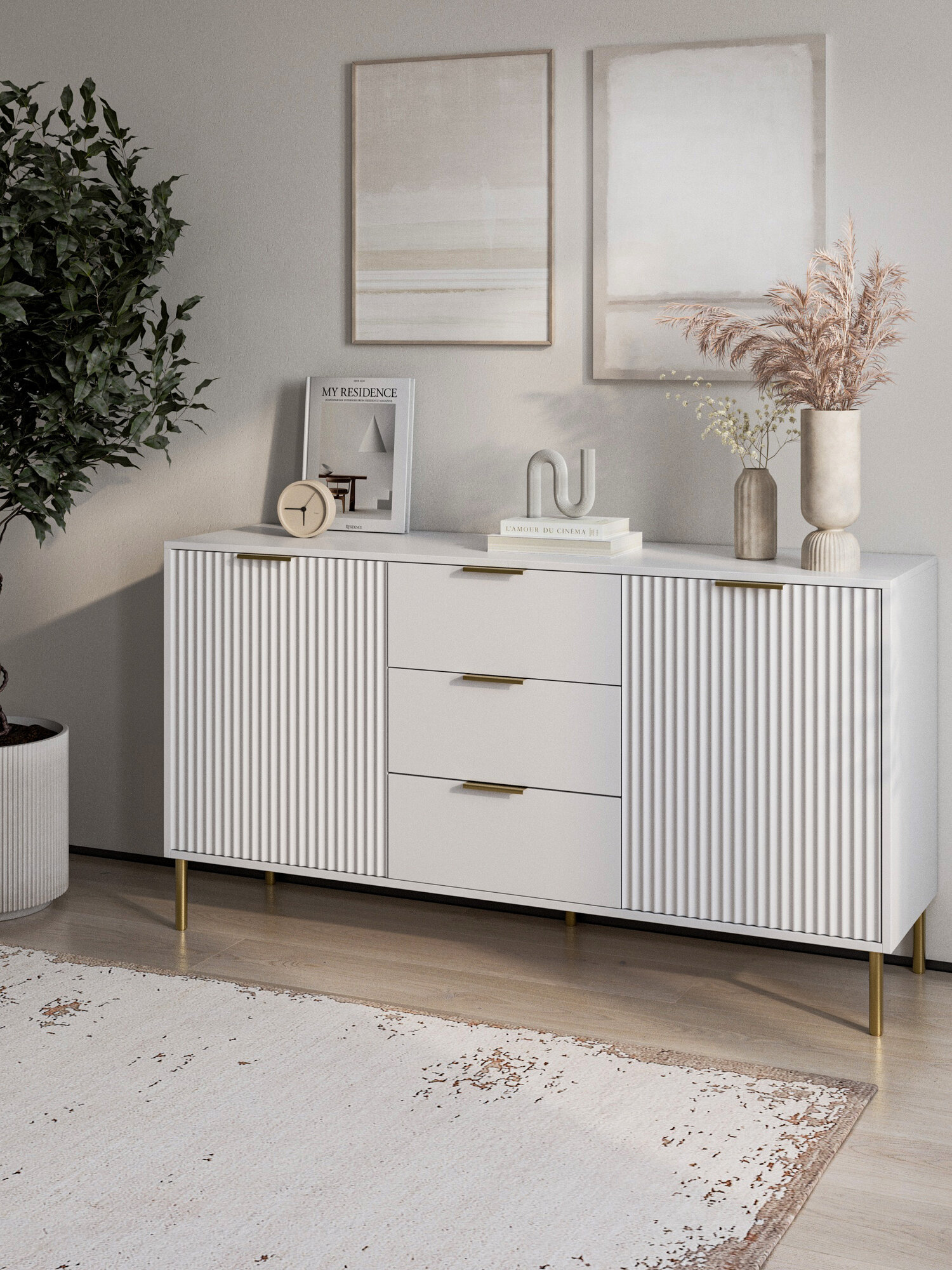 Комод для одежды с выдвижными ящиками BORDO Raenyra, 150х80х40 см, белый с золотой фурнитурой
