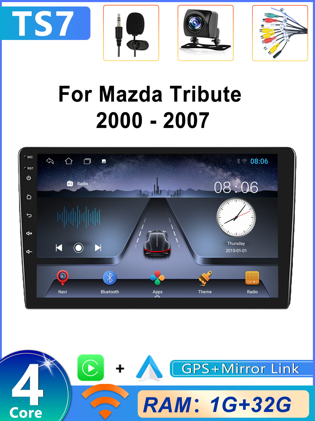 Автомагнитола Mazda Tribute 2000 - 2007, Bluetooth Wi-Fi Сенсорные кнопки , Серебристый CARPLAY IPS