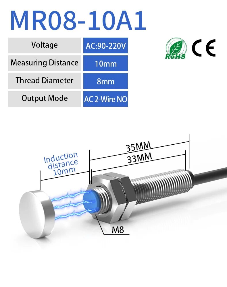 Индуктивный датчик MR08-10A1, 10 мм, 8 мм, AC 90-220V