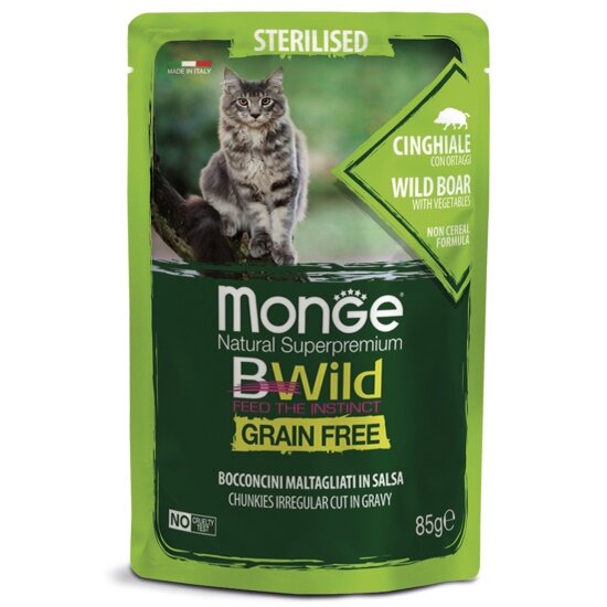 Корм влажный Monge Cat BWild GRAIN FREE для стерилизованных кошек, беззерновой, из мяса дикого кабана с овощами 85 г