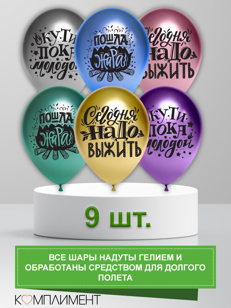 Набор воздушных шаров "С Днем Рождения", 9 шт, с гелием, разноцветные, латексные