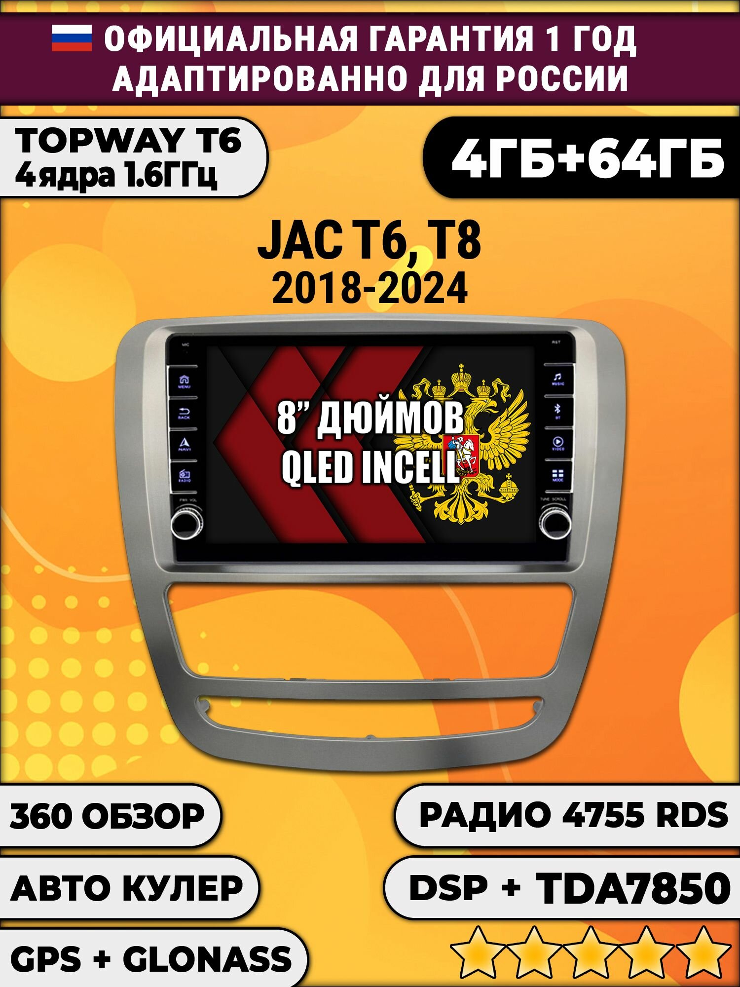 4гб+64гб с DSP и 360 для JAC T6 T8 (2018-2024), Android магнитола с DSP и усилителем TDA7850