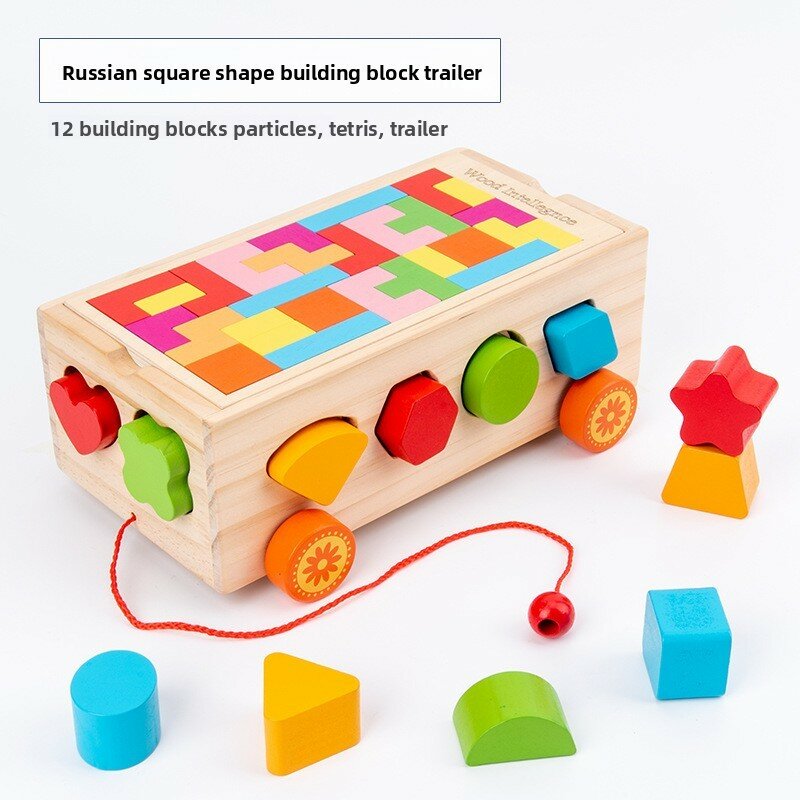 Educational wooden shape sorting and counting blocks for toddler development and learning shape tetris trailer