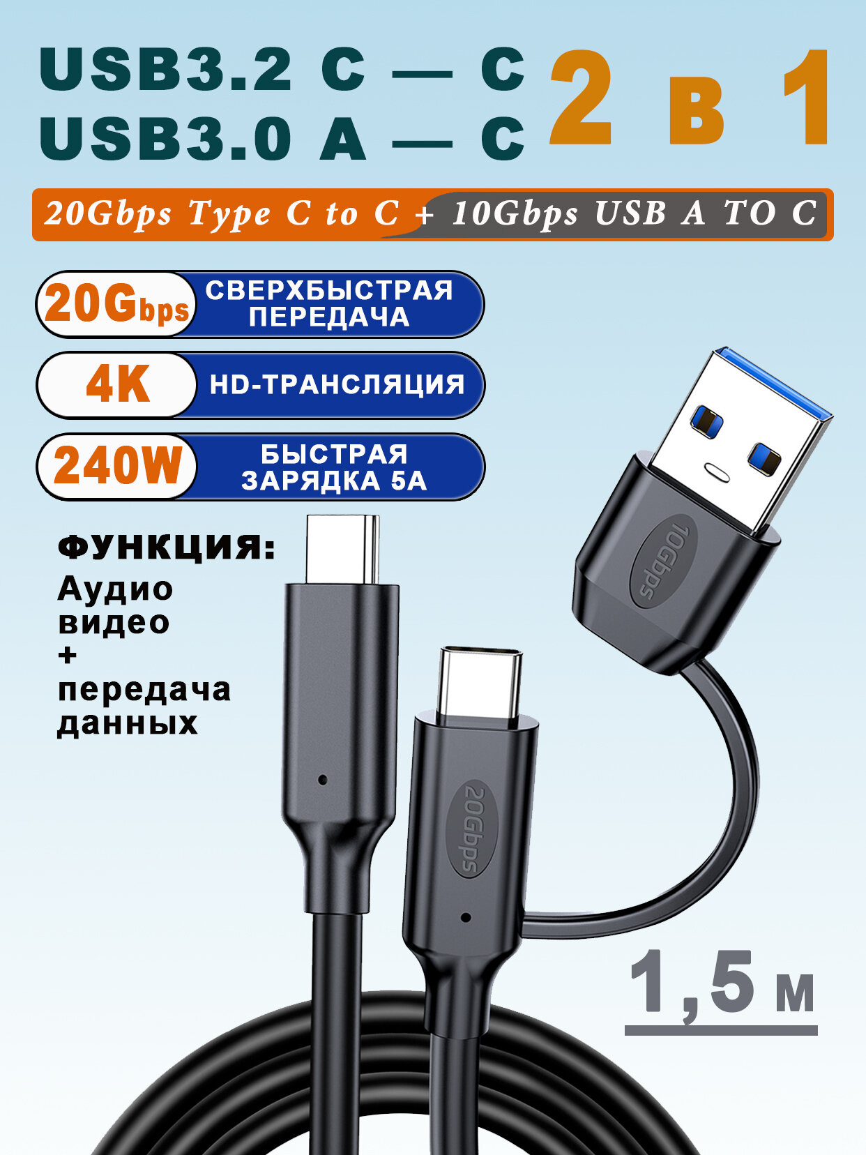 Кабель 2-в-1 USB 3.2 Gen 2x2 (20Gbps) Type-C и USB 3.0 Type-A для 4K@60Гц, данных и зарядки 240W