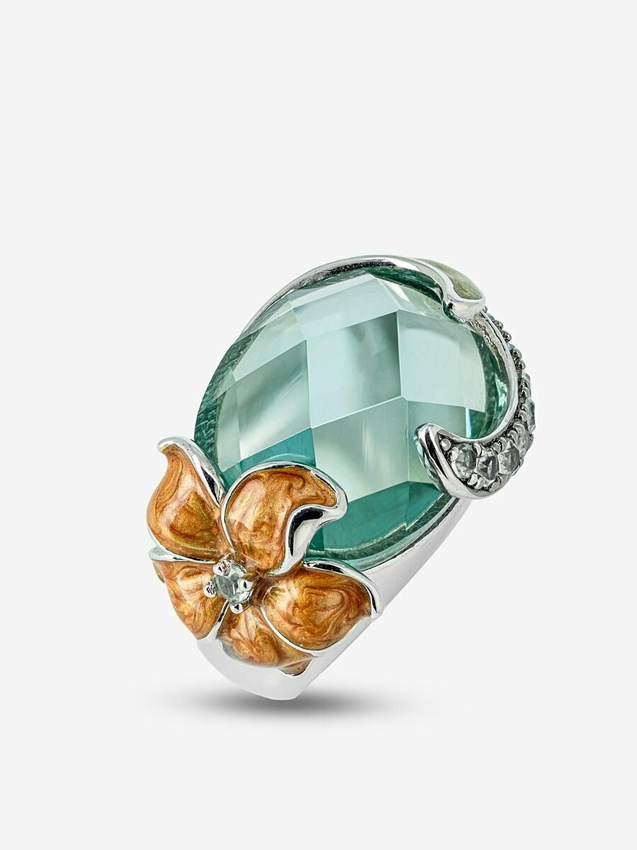 Кольцо L-Silver, серебро, 925 проба, родирование, шпинель синтетическая, эмаль, размер 19, зеленый, серебристый — фото 1
