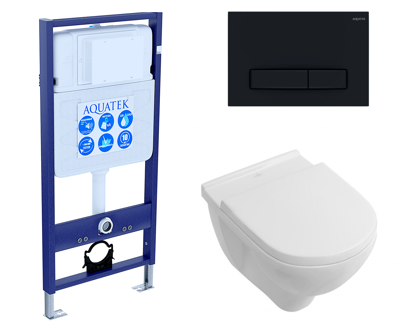 Комплект 3 в 1 инсталляция Акватек Standart 50 + Унитаз подвесной Villeroy & Boch O Novo Directflush с кнопкой черной INS-0000012 + 5660HR01 + KDI-0000025