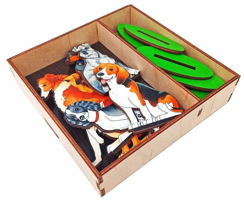 Игровой набор на подставках "Собаки охотничьи" в коробке, детская деревянная игра на развитие мелкой моторики, памяти, логического мышления, восприятия форм и цвета, изучаем породы собак