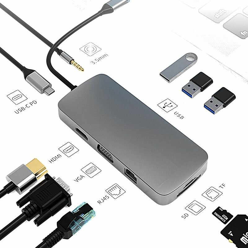 Переходник USB HUB / Разветвитель 10 в 1 COTECi Business Style (PD, USB, HDMl, PD, VGA, SD, RJ45, AUX)