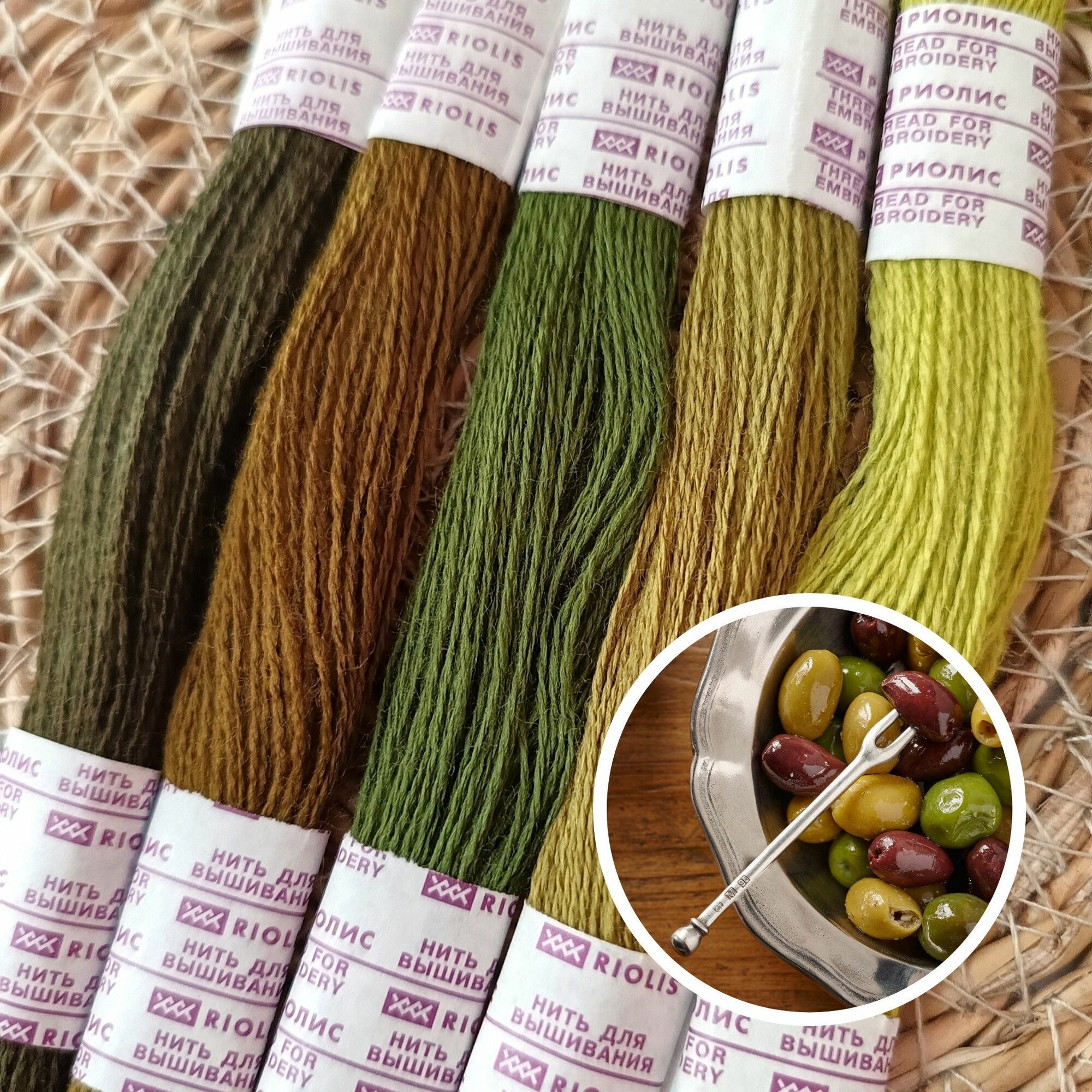 Нитки мулине для вышивания шерсть/акрил Риолис набор 5шт Оливки