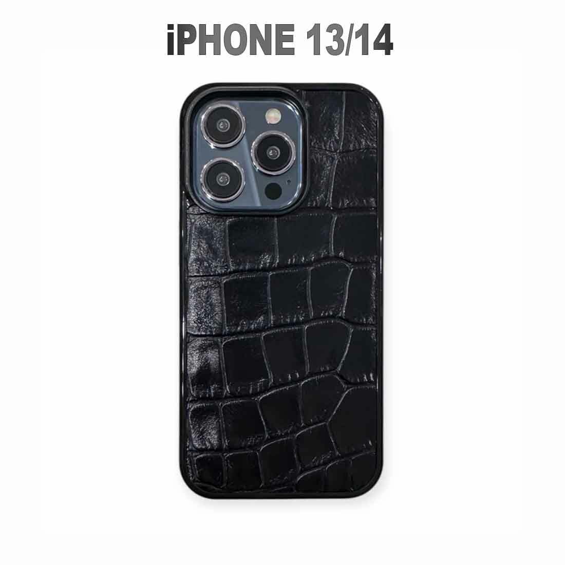 Чехол для IPhone 13/14 чёрный полу глянец текстура крокодила