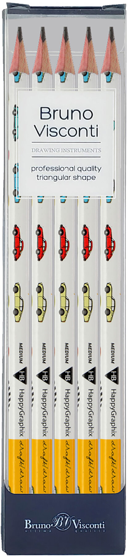 Набор карандашей чернографитовых HappyGraphix. Многоцветные машины, НВ, 5 штук