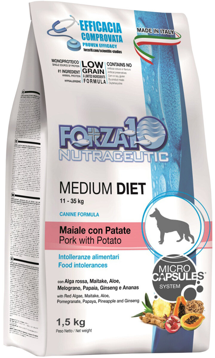 FORZA10 DOG MEDIUM DIET LOW GRAIN низкозерновой для взрослых собак средних пород при аллергии со свининой и картофелем (1,5 кг)