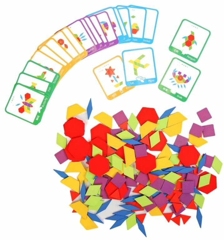 Деревянная игрушка "Развивающий геометрический пазл", логическая головоломка мозаика для малышей, собери картинку по образцу, изучаем формы и цвета 24 карточки,155 деталей, 24,5х21,3х4 см