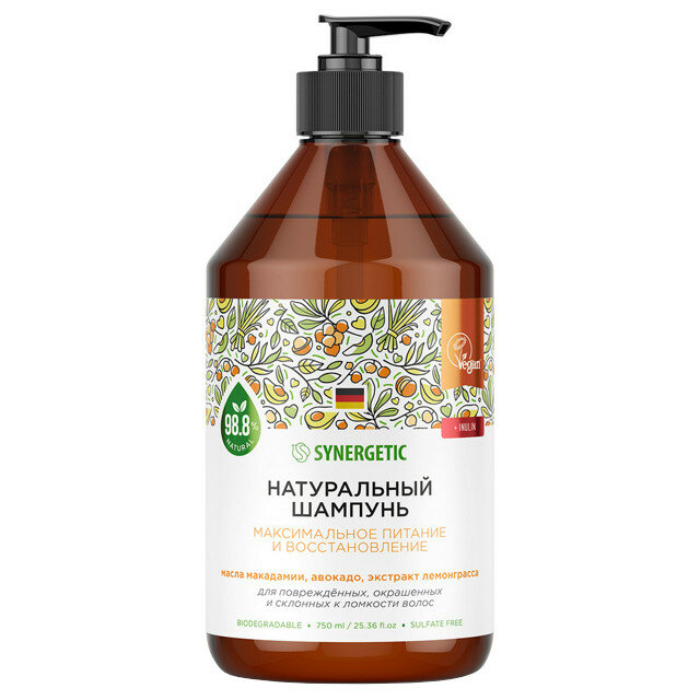 SYNERGETIC Питание и Восстановление Шампунь для сухих и поврежденных волос 750 мл
