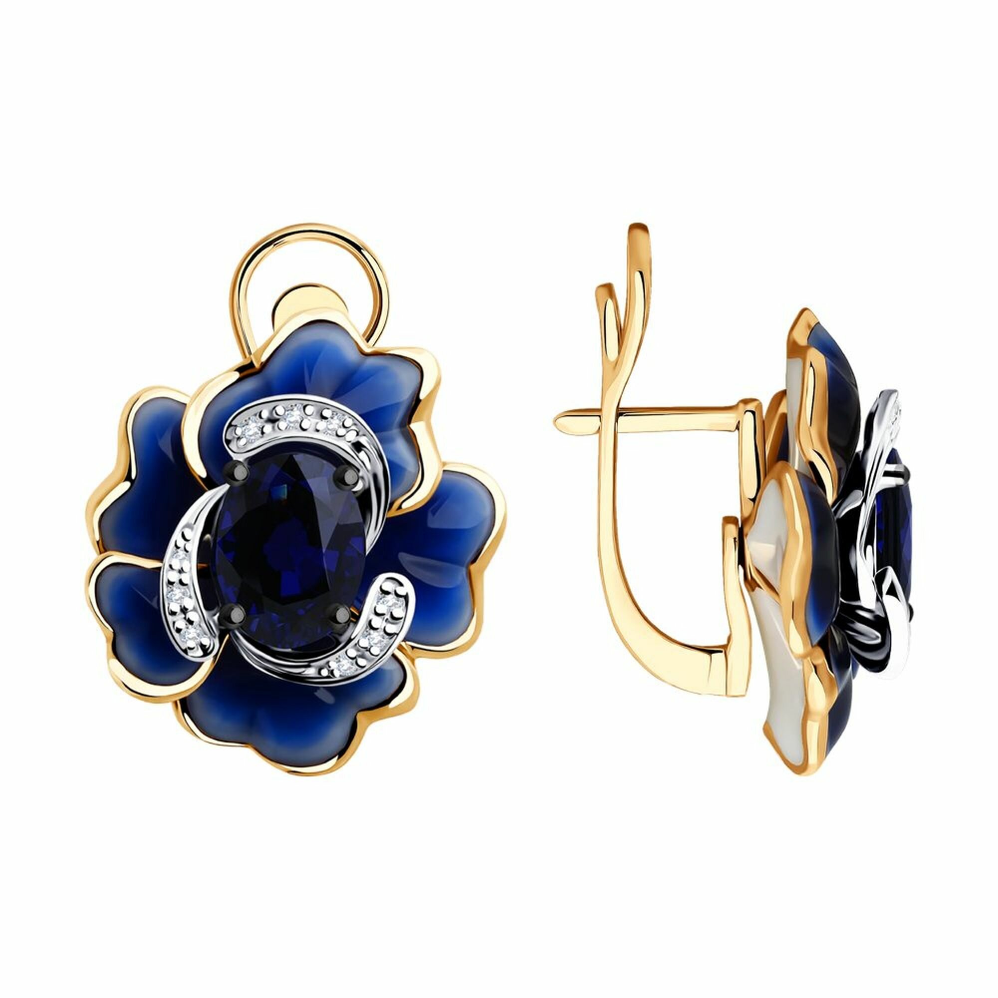 Серьги, красное золото, 585 проба, эмаль, бриллиант, сапфир