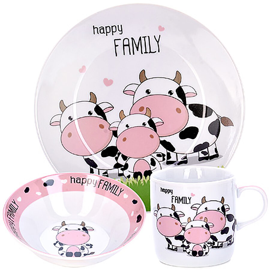 Набор детской посуды Loraine "Коровки", фарфор, 3 шт, белый, для СВЧ, посудомойки