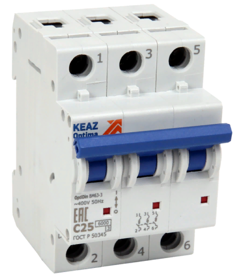 Автоматический выключатель КЭАЗ OptiDin BM63-3D25-УХЛ3, 3P 25А характеристика D 6кА с двумя заглушками, 260810 / электроавтомат