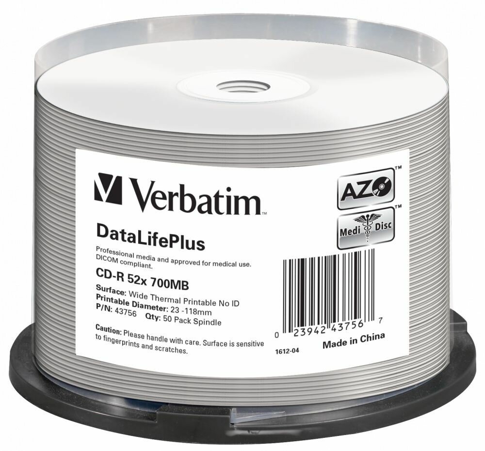 Оптические диски Verbatim CD-R 700 МБ 52X DataLifePlus AZO Medi Disc под термопечать Printable No ID 50 шт. на шпинделе