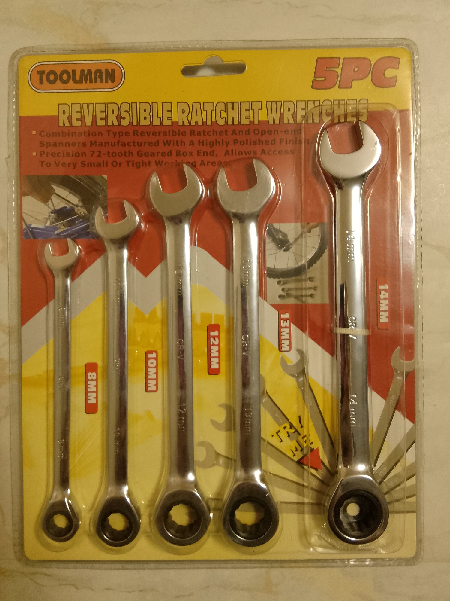 Набор рожково-накидных ключей с трещëткой - 5 шт. 8,10,12,13,14 мм