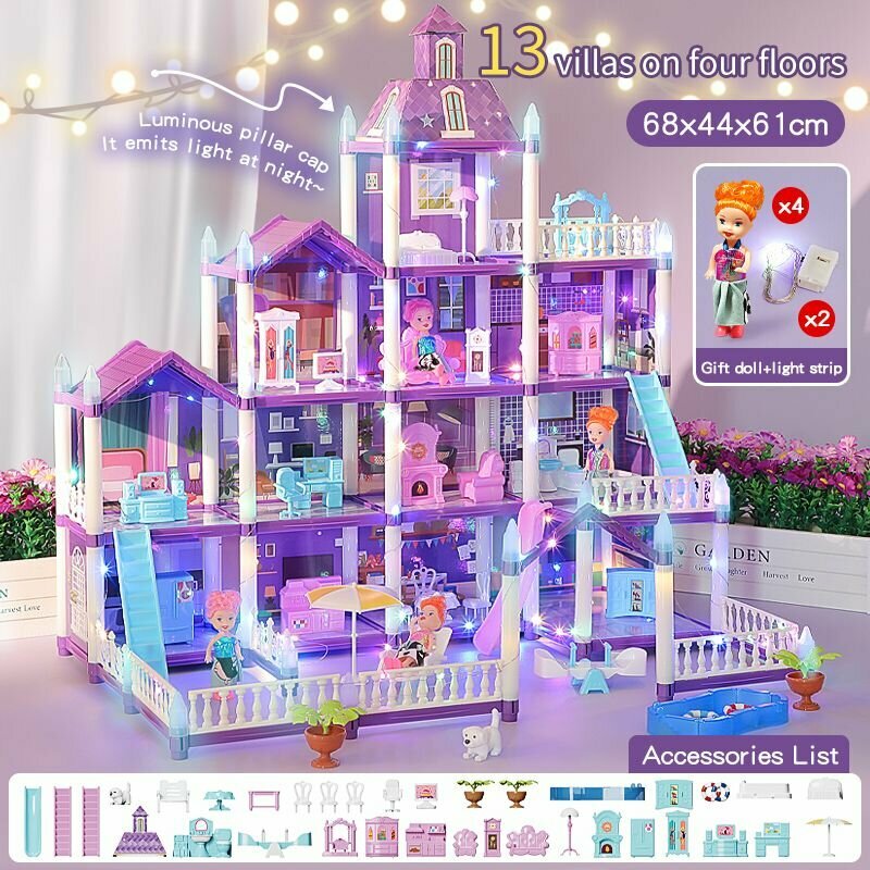 Кукольный домик с мебелью, игрушечный дом состоит из 4х этажей и 14 комнат, новогодний подарочный игровой набор для девочки