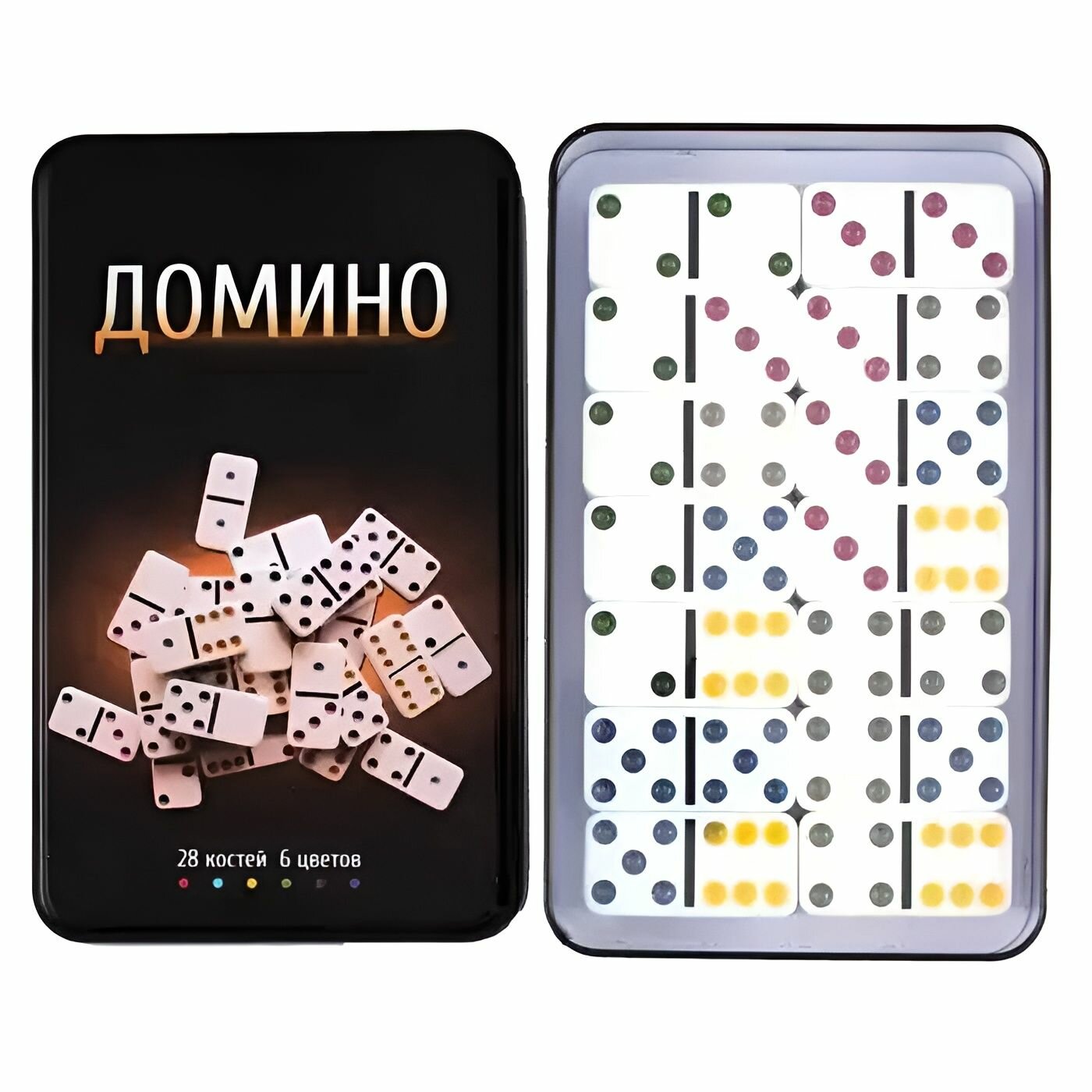 Домино классическое костяное в металлической коробке, цветные