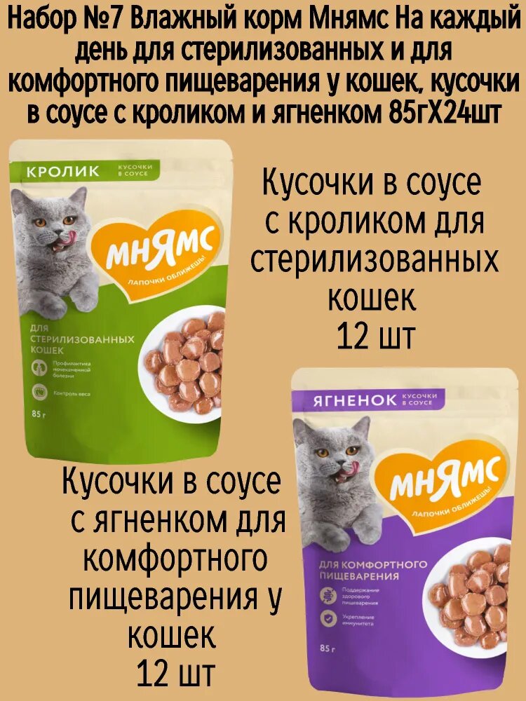 Набор №7 Влажный корм Мнямс для стерилизованных кошек, кусочки в соусе с кроликом и ягненком, 24 шт х 85 гр