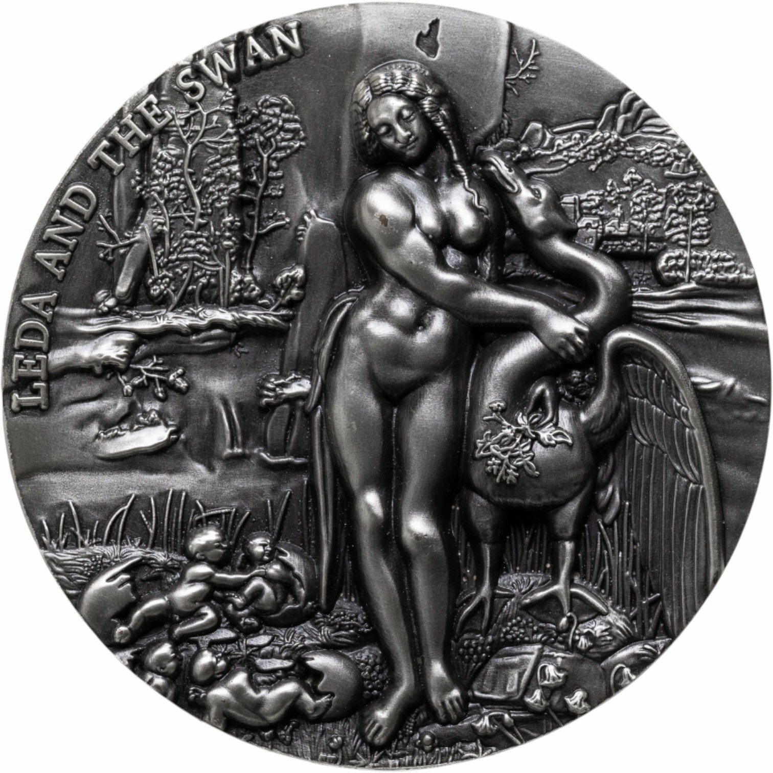 Камерун 2000 франков 2023 "Леда и лебедь - Леонардо да Винчи" в футляре с сертификатом, Серебро 999, в сохранности UNC