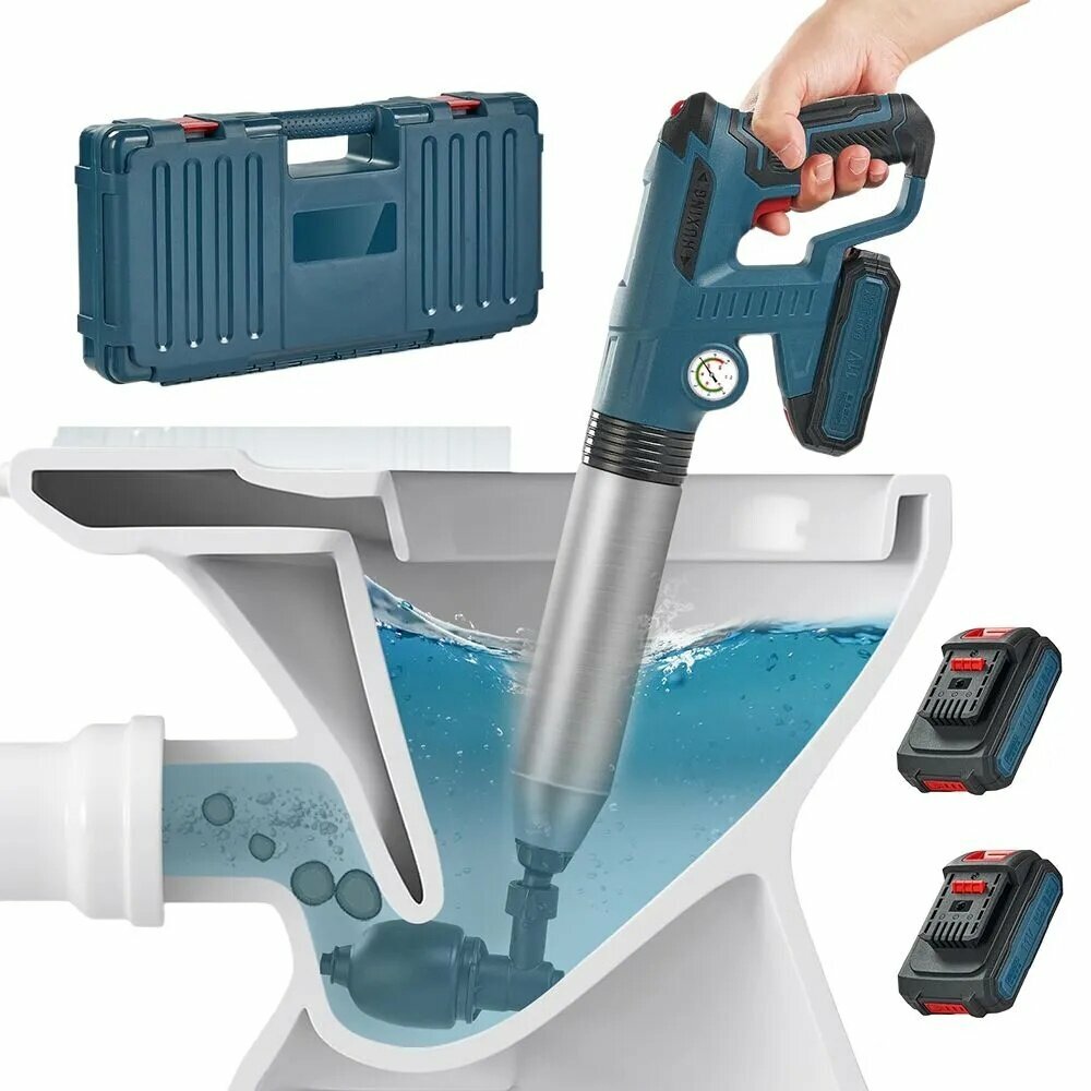 Вантуз пневматический, Электрический, 4 в 1, с 2 сменными батарейками и ящиком для хранения используется для устранения засорения сифонных унитазов, сливных труб, раковин и ванных комнат