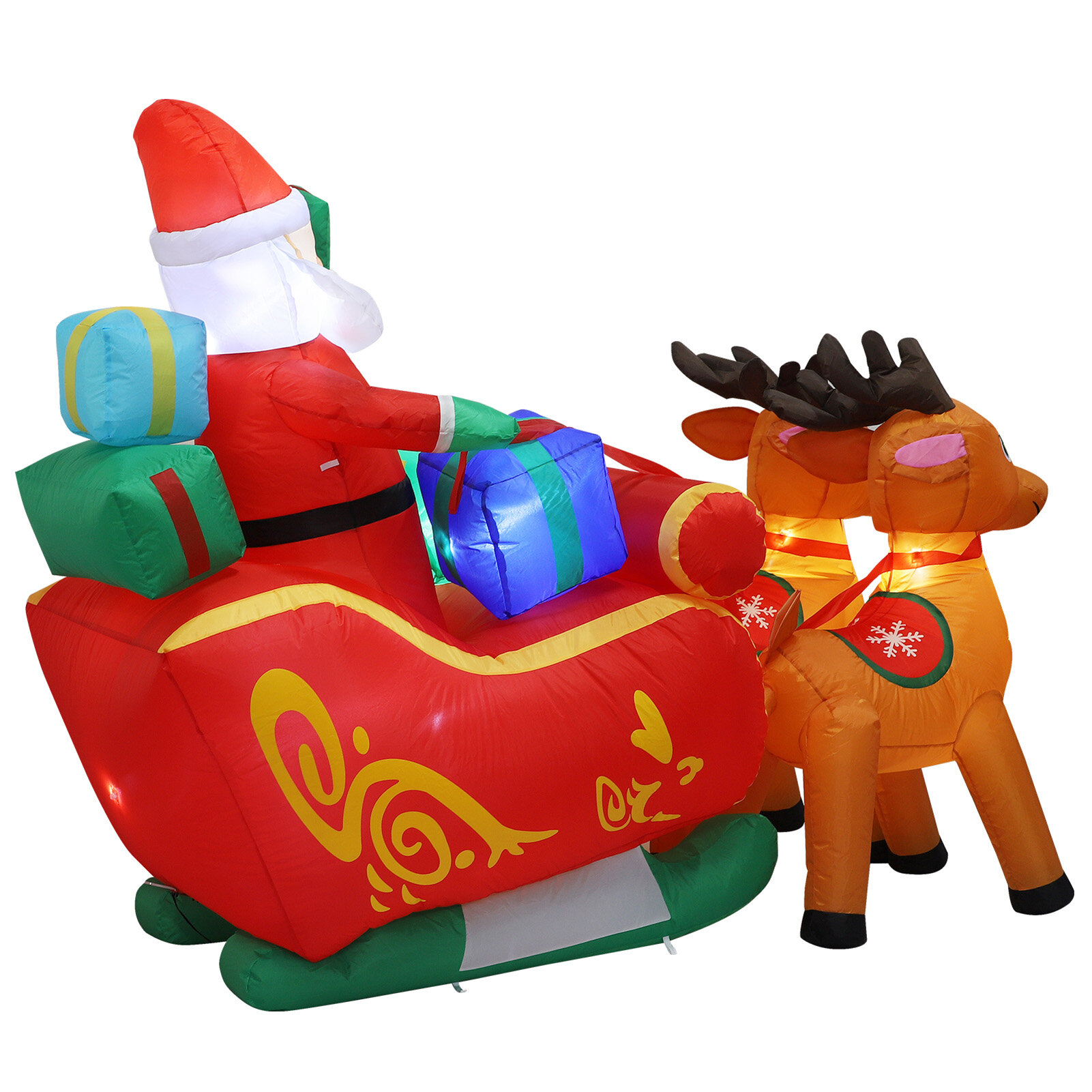 Надувные сани Санты и олени для рождественского украшения. Надувной Санта на санях с двумя оленями для двора и сада.