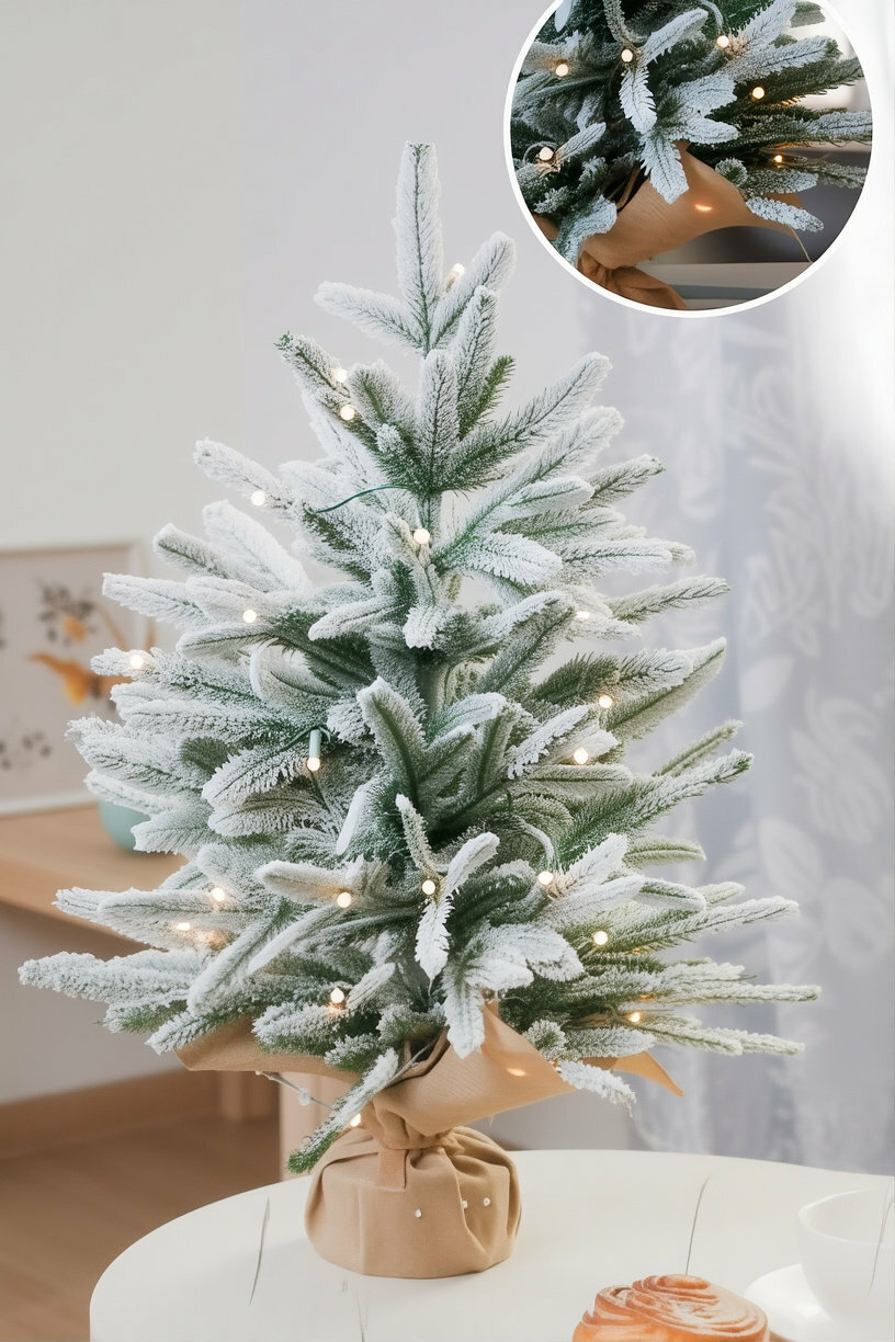 Настольная елка с гирляндой вальделиз заснеженная 60 см, 50 LED ламп, на батарейках, литая 100%, Winter Deco 1000901