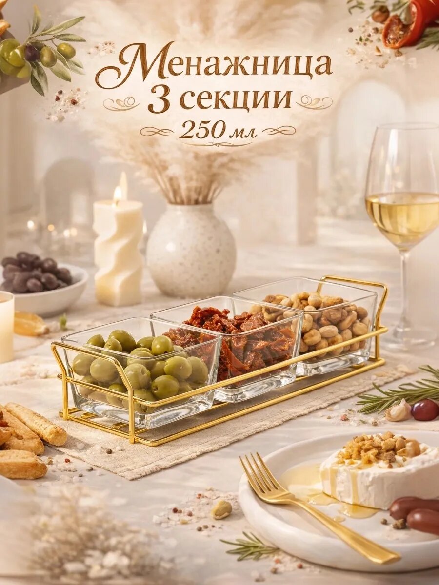 Менажница Magistro «Званый прием», 3 секции, 250 мл, 31×9×6 см, стекло, прозрачная, золотистая