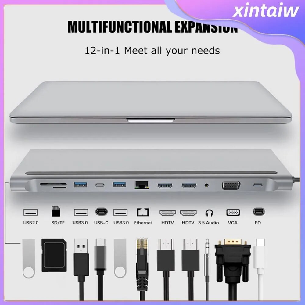 Док-станция 12-в-1 для ноутбука, USB2.0, SD/TF, USB3.0, USB-C, Ethernet, HDTV, HDTV, 3.5 Audio, VGA, PD