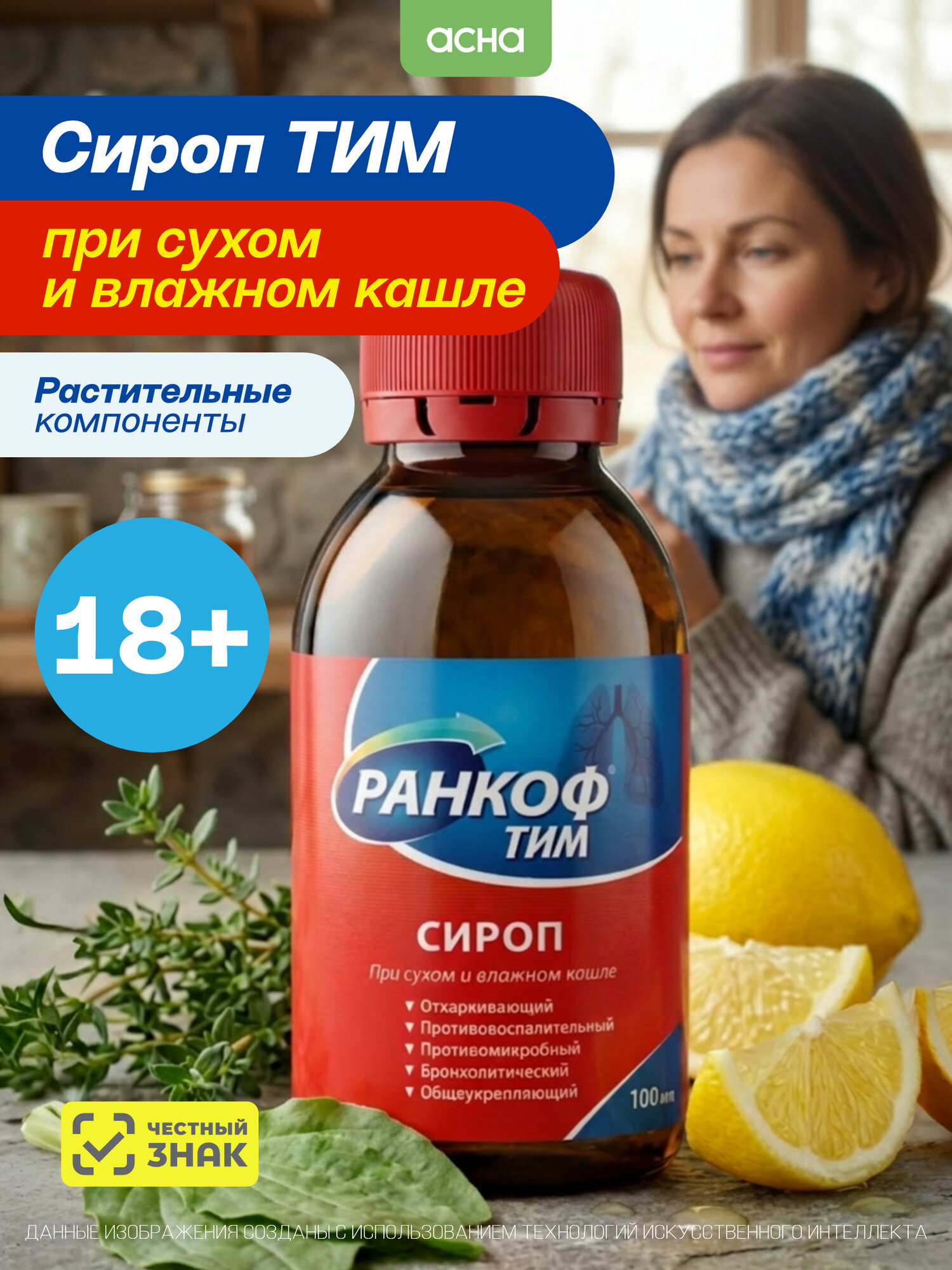 Сироп при кашле для взрослых, при простуде и гриппе, от сухого и влажного кашля, 100 мл Ранкоф Тим Аптека Асна