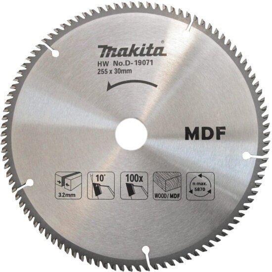 Пильный диск для резки МДФ Makita 255x30/15.88x3.2/2.4x100T (D-19071)