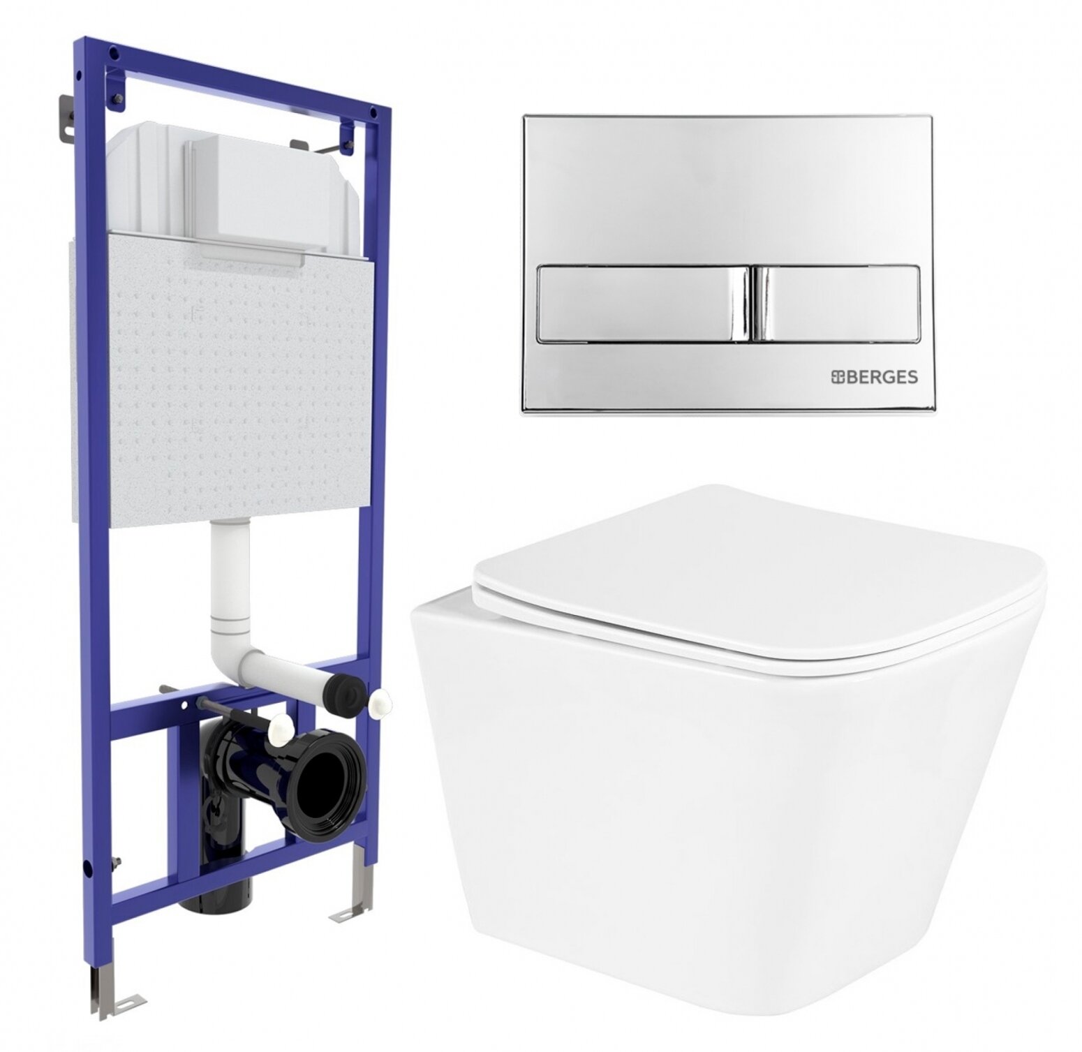 Комплект 3 в 1 инсталляция Berges Wasserhaus Novum L3 + Унитаз подвесной BelBagno Due BB3103CHR/SC + кнопка хром