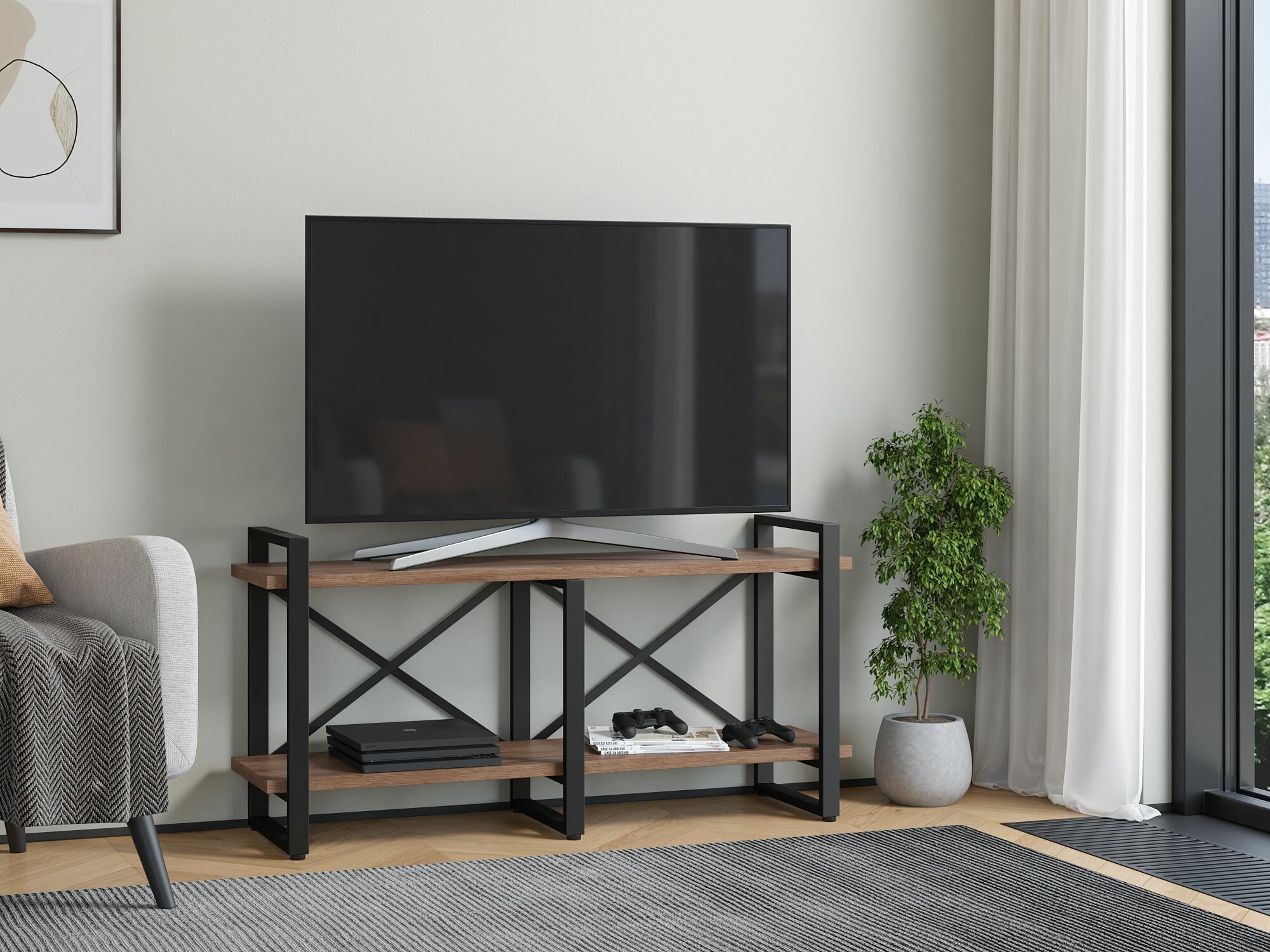 Тумба под ТВ Айсберг Лофт 120 черный/дуб крафт табак