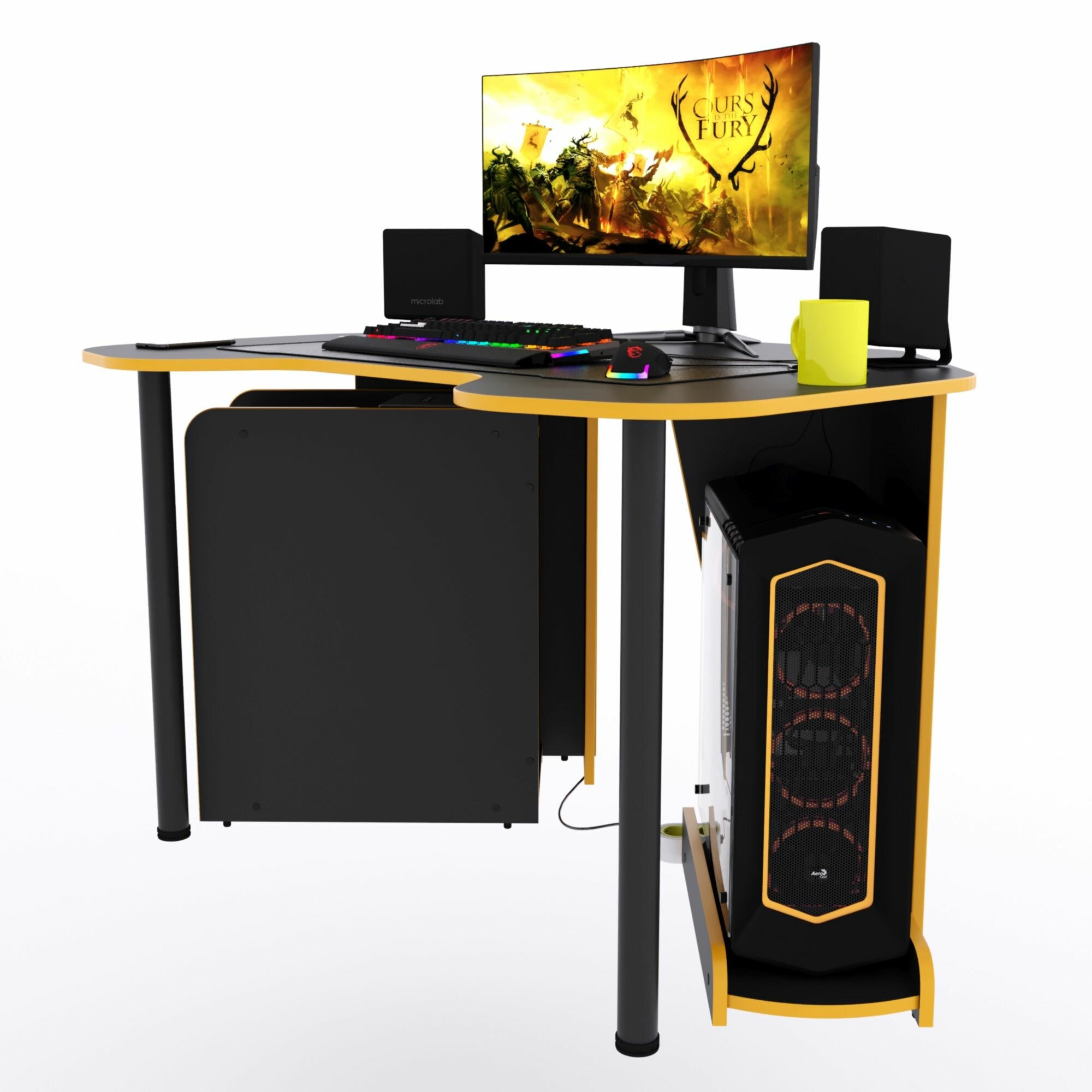 Угловой компьютерный стол "Угол" с тумбой, 120x87x75 см, чёрный с оранжевой кромкой