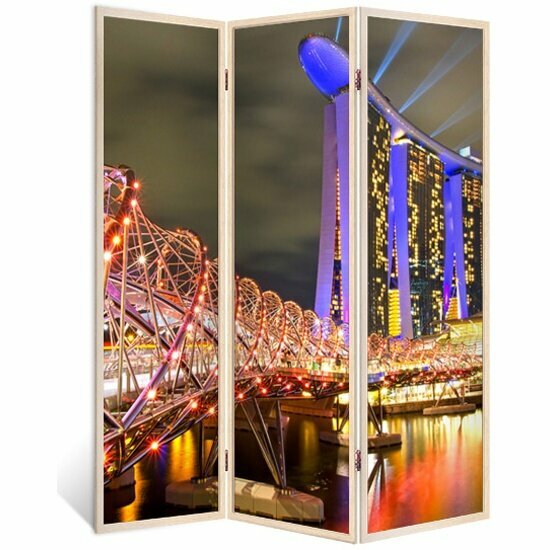 Ширма перегородка Декор Депо для комнаты деревянная "Дорога в будущее" двухсторонняя с картинкой (города) 3 створки кремовый дуб 176х140 см 11 кг