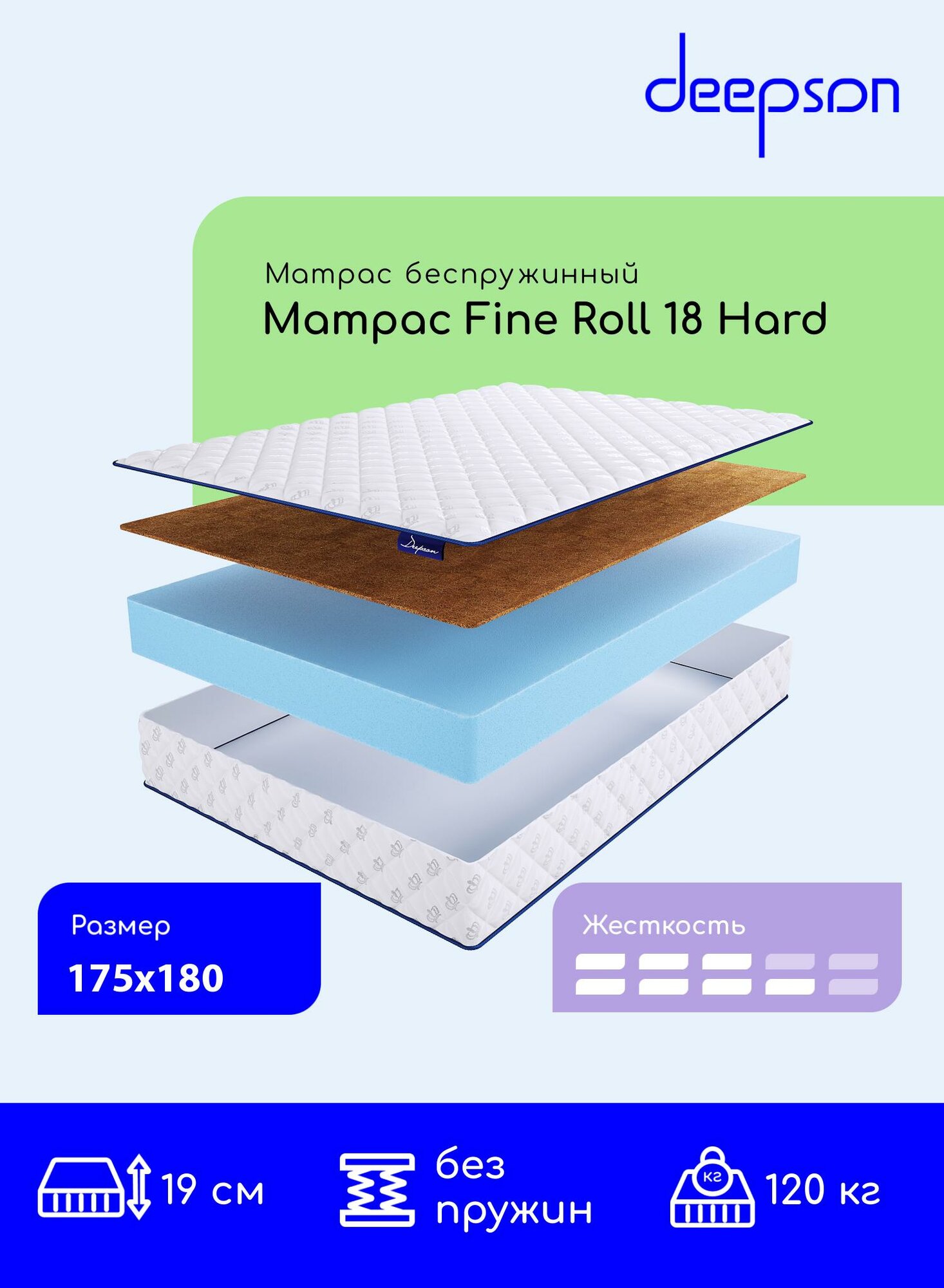 Матрас 175x180 ортопедический беспружинный Deepson Fine Roll 18 Hard