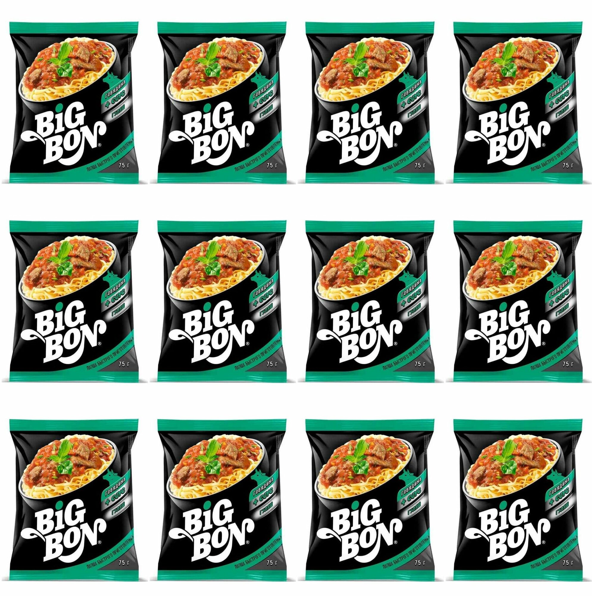 BigBon Лапша быстрого приготовления с говядиной и соусом гуляш, 75 г, 12 уп