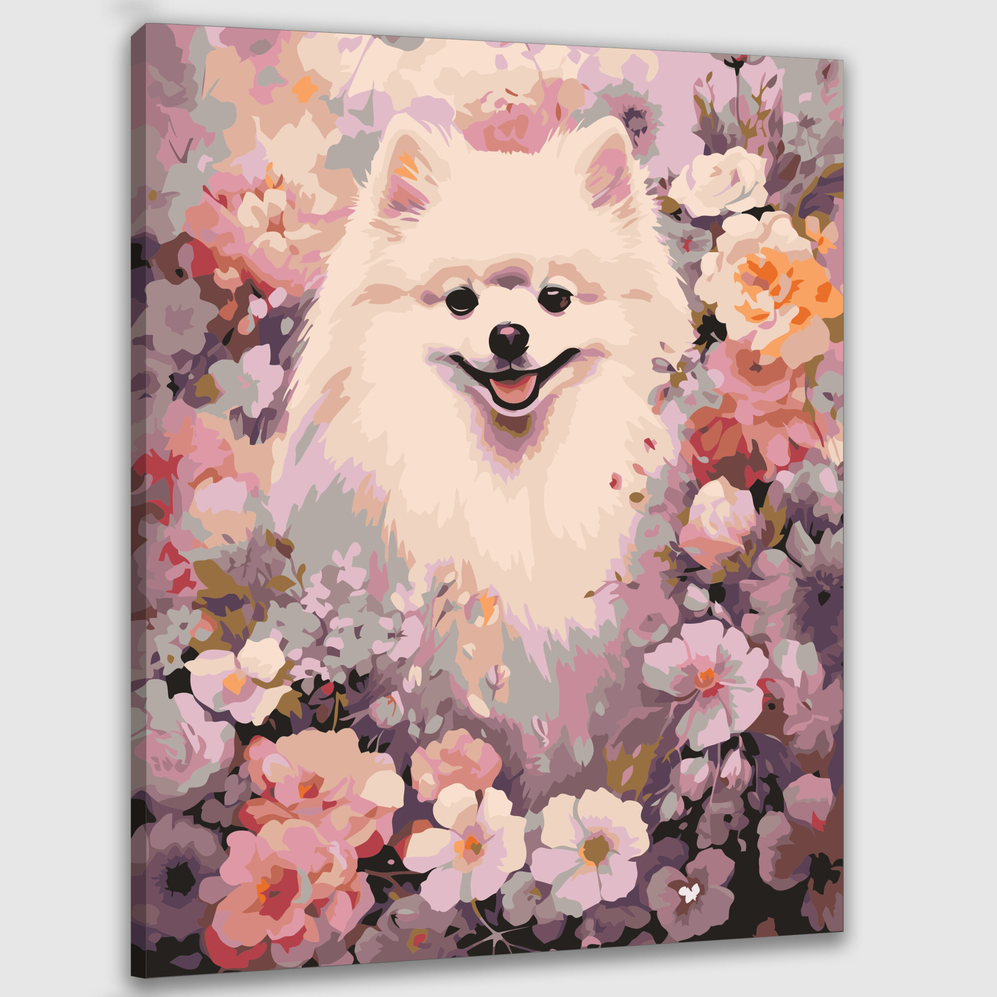 Картина по номерам 40x50 см, акварель, иллюстрация, собака, порода, шпиц, цветы, распускающиеся, нежность, красота
