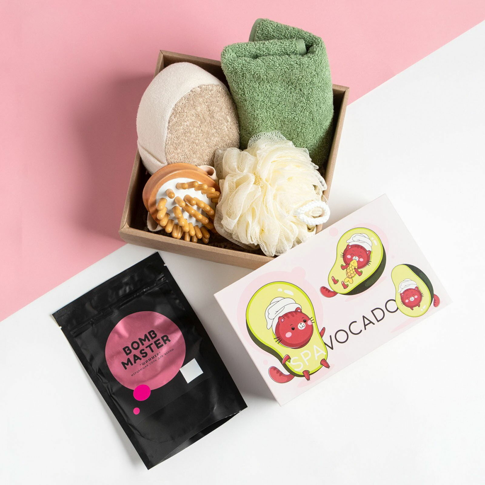 Подарочный набор Avocado, полотенце 30x60 см, мочалка, массажёр