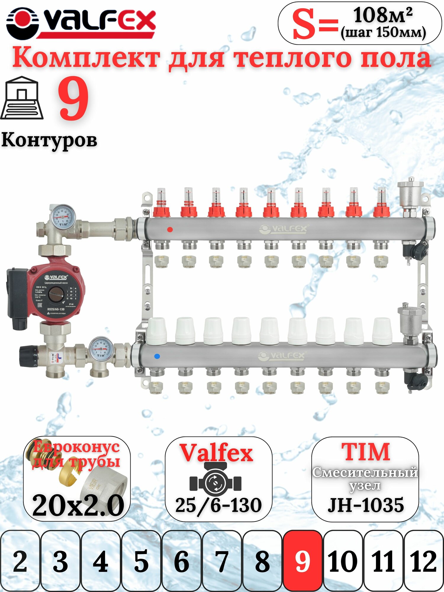 Комплект теплого пола на 9 выходов VALFEX (Коллектор на 9 контуров+Насос+ Евроконусы+Насосно-Смес. узел) до 110 кв. м