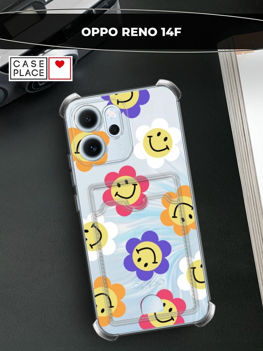 Чехол на Oppo Reno 14F (Оппо Рено 14F) с картой и принтом Смайлики в цветах