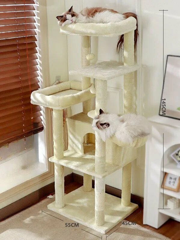 Когтеточка с домиком напольная высокая для кошки. Лежанки и столбик для кота. Кошачий дом для котят. Игровой комплекс лира с лежаками, гамаком, Серый. бежевый