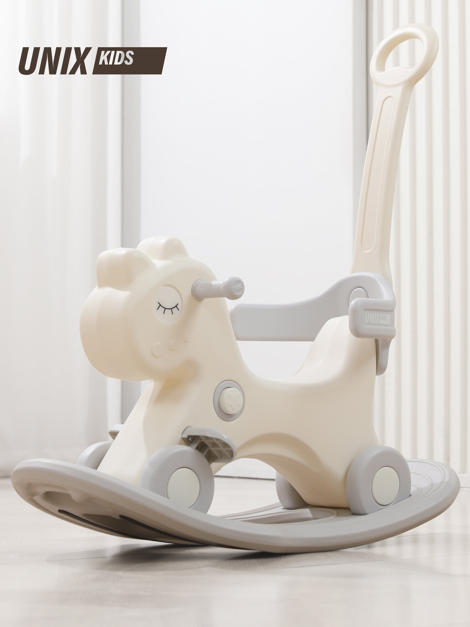 Лошадка качалка беговел с ручкой UNIX Kids Grey, для дома и для улицы, пластиковая, от 1 года, 90х85х34 см